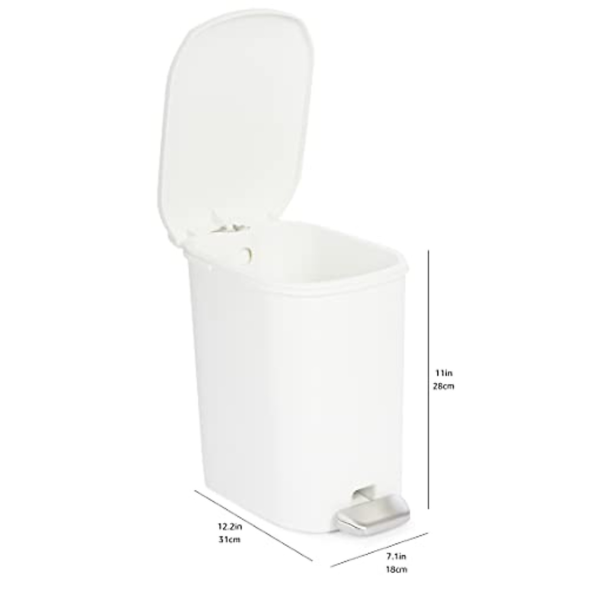 Amazon Basics Compact Bathroom Plastic Rectangular Trash Can with Steel Pedal Step, White, 6 Liters