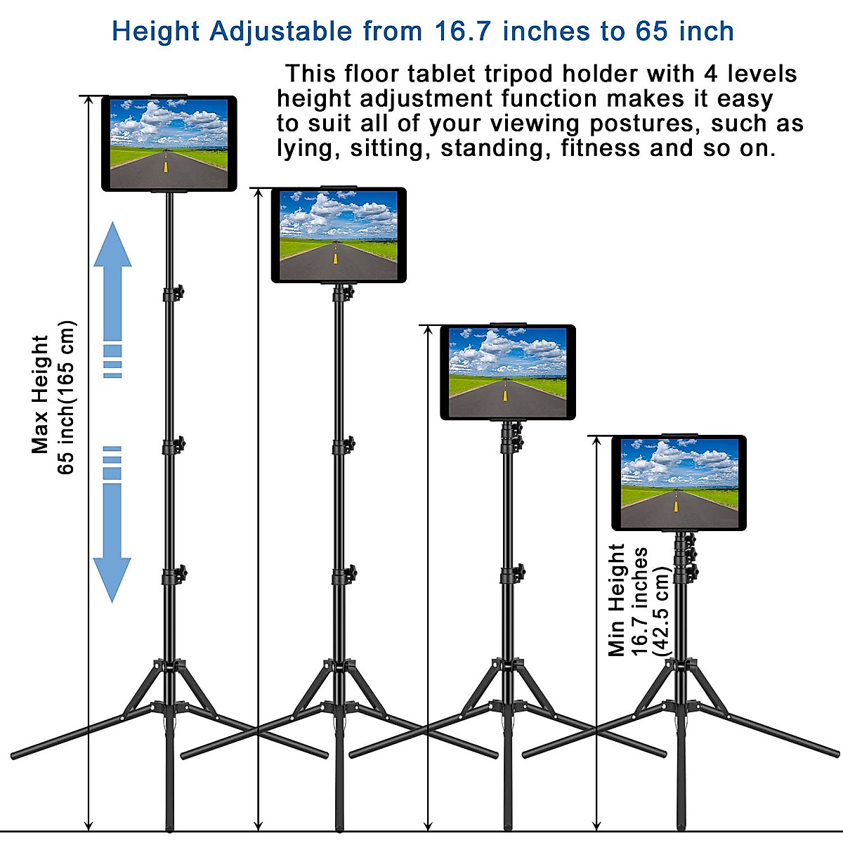 SAMHOUSING Tripod Floor Stand, with 65 inch Height Adjustable Stand Holder & 360° Rotating iPad Tripod Mount for iPad Pro, iPhone, Kindle, and All 4.5-12.9 Inch Tablets