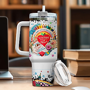 99OWL Teacher Learning Tools Colorful, Tumbler 40 Oz With Handle Lid And Straw, Teacher Gifts, Teachers Handle Book Lover Rainbow Books Tumblers Steel Appreciation Pencil Coffee Pack