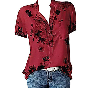 Andongnywell Women's Casual Printed V-Neck Shirt Floral Print V Neck Short Sleeve Shirts Tops Loose Blouses (Red,3,Large)