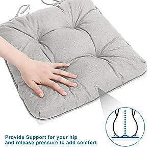 EAIMi Indoor Chair Cushions for Dinning Chairs 4 Packs| Tufted Memory Foam Overstuffed Kitchen Chair Pads with Ties | Textured Non Slip Back Seat Cushions 15.5x15.5x4 Inches Light Grey