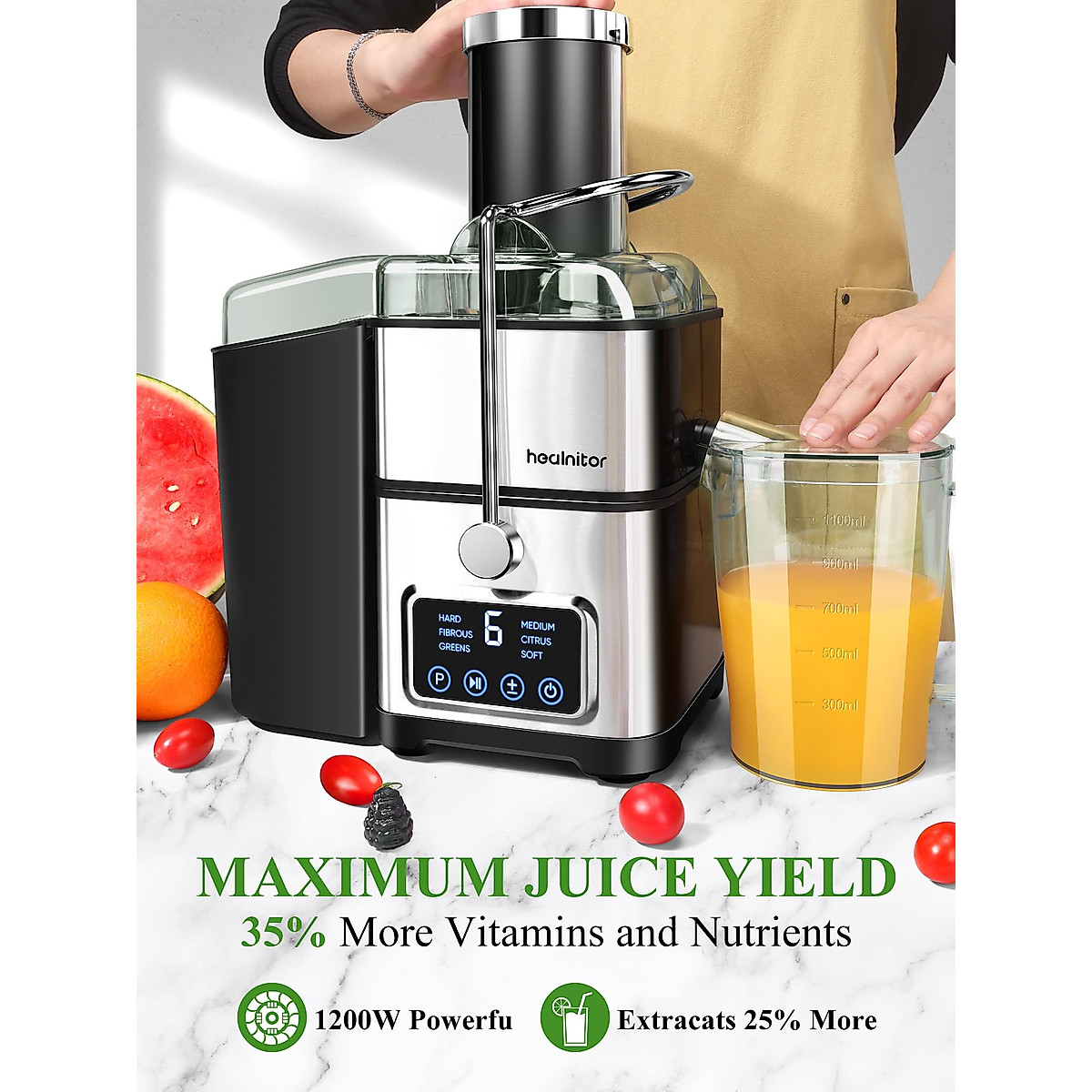 1200W 6-Speed Touch LCD Screen Centrifugal Juicer with 3.5" Big Wide Chute, Healnitor Juice Extractor Machines Vegetable and Fruit, Titanium Enhanced Filter, Easy Clean, BPA-Free, Silver