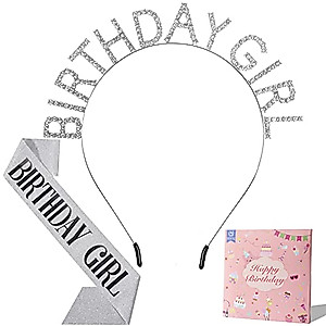 EOUQ Birthday Girl Headband and Sash - Rhinestone Birthday Crown and Sash Kit - Birthday Tiara and Sash Set - Silver