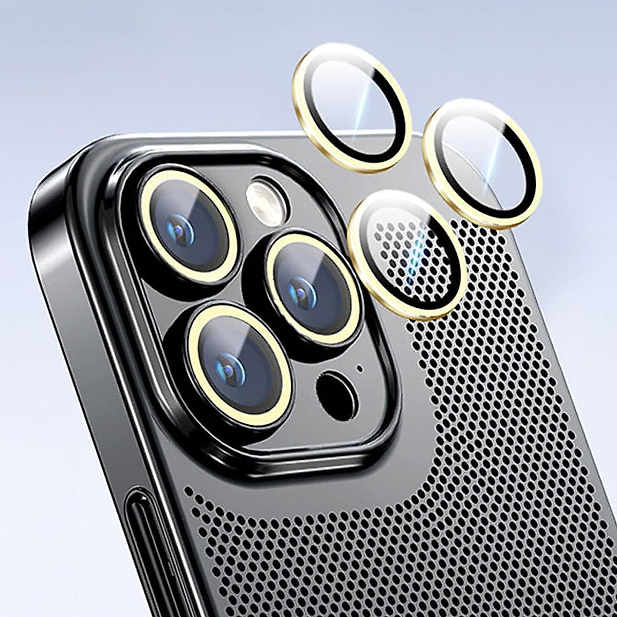 LONGLUAN Electroplating Heat Dissipation Phone Case, Shiny Cooling Breathable Case, Heat Dissipation Plating Fine Hole Protector, Crystal Lens Film Coating Mobile Phone Case (14 Pro Max, Silver)