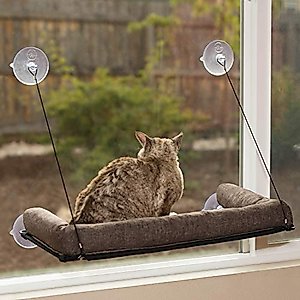K&H PET PRODUCTS EZ Mount Kitty Sill Deluxe with Bolster Window Sill Cat Bed, Cat Window Hammock, Sturdy Cat Window Perch, Cat Window Bed Cat Furniture, Cat Hammock for Window Cat Perch - Chocolate