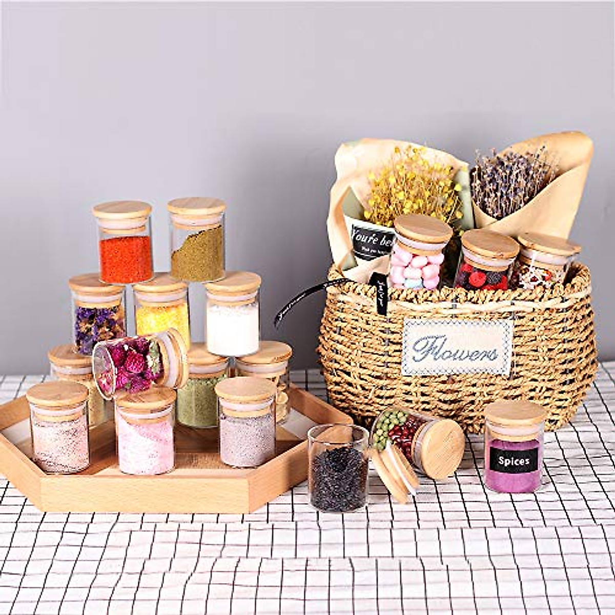 Tzerotone Spice Jar Set,2.5oz 20 Piece Glass Jar with Bamboo Airtight Lids and Labels, Mini Clear Food Storage Containers for pantry, kitchen canisters for Tea, Herbs, Sugar, Salt, Coffee