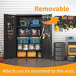 Upgraded Tall & Wide Metal Storage Cabinet with Doors & 4 Adjustable Shelves | Heavy-Duty Black Lockable Garage Cabinet with Wheels & Pegboard for Office, Gym, Basement, Warehouse (Black)