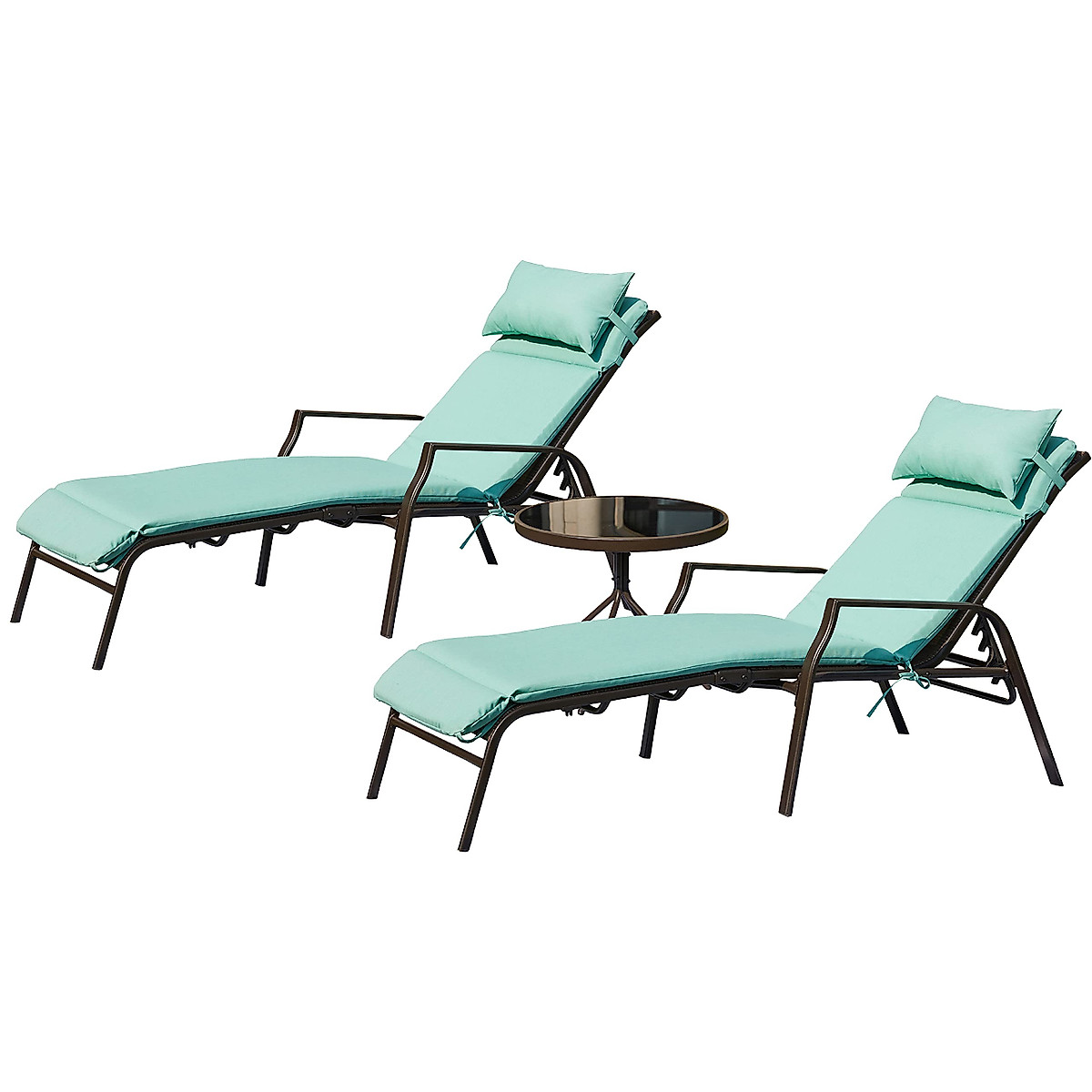 LOKATSE HOME 3 Pieces Outdoor Patio Chaise Lounge Chair Lounger Seating Furniture Set with Cushions and Table, Light Blue