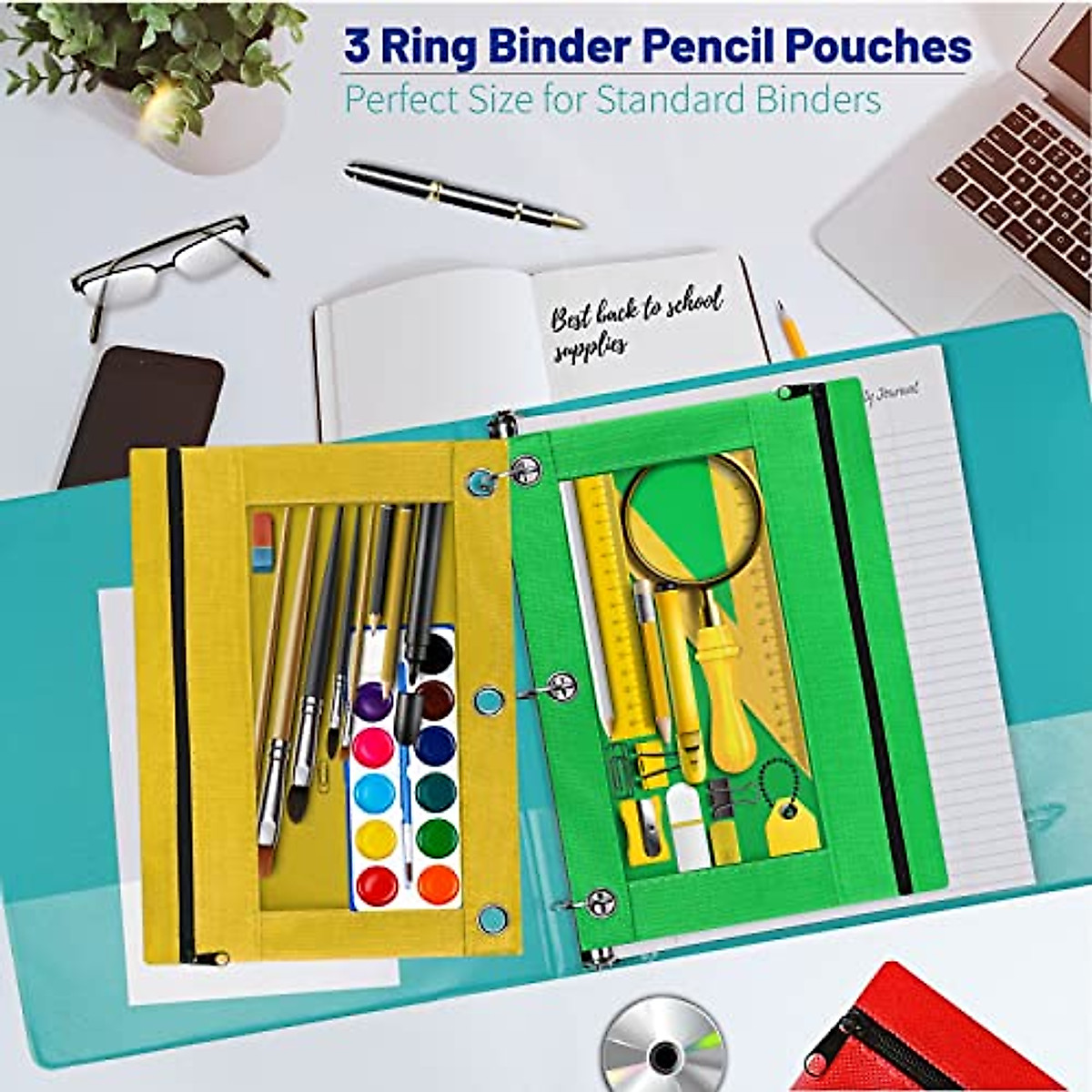 Pencil Pouch for 3 Ring Binder, Bulk 6 Pack Binder Pencil Pouch with Zipper, 3 Ring Pencil Pouch with Clear Window, Durable Cloth 3 Holes Zippered Pencil Pouch for Office School College Supplies