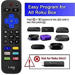 1-clicktech for Roku Remote 2-in-1 for Roku-TV and Roku Box, Compatible for TCL Hisense ONN Sanyo Sharp Hitachi Element Insignia LG Magnavox Roku TV, w/ 12 Opt. Channels [NOT for Stick]