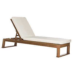 SAFAVIEH Outdoor Collection Solano Natural Brown Solid Wood/Beige Cushion Patio Adjustable Chaise Lounge Chair (PAT7024A)