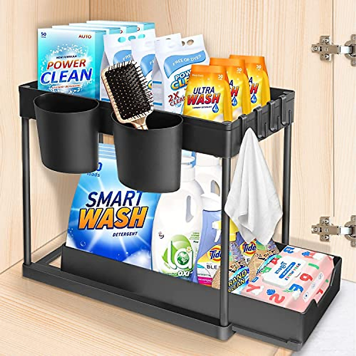 2-Tier Under Sink Organizer,Multi-purpose Organizer Shelf,Sliding Storage Drawer Basket Organizer for Kitchen Bathroom with Hooks, Hanging Cup,Pull Out Spice Rack,Makeup Cosmetics Vanity Narrow Space