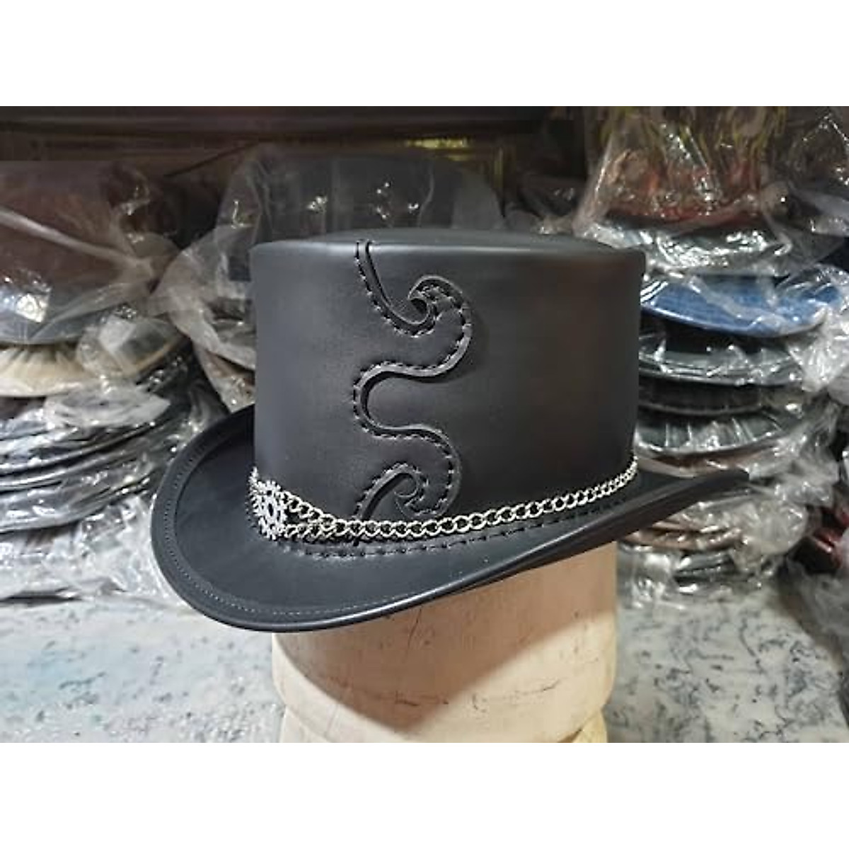 Steampunk Clock Gear Leather Top Hat (Leather, Small)