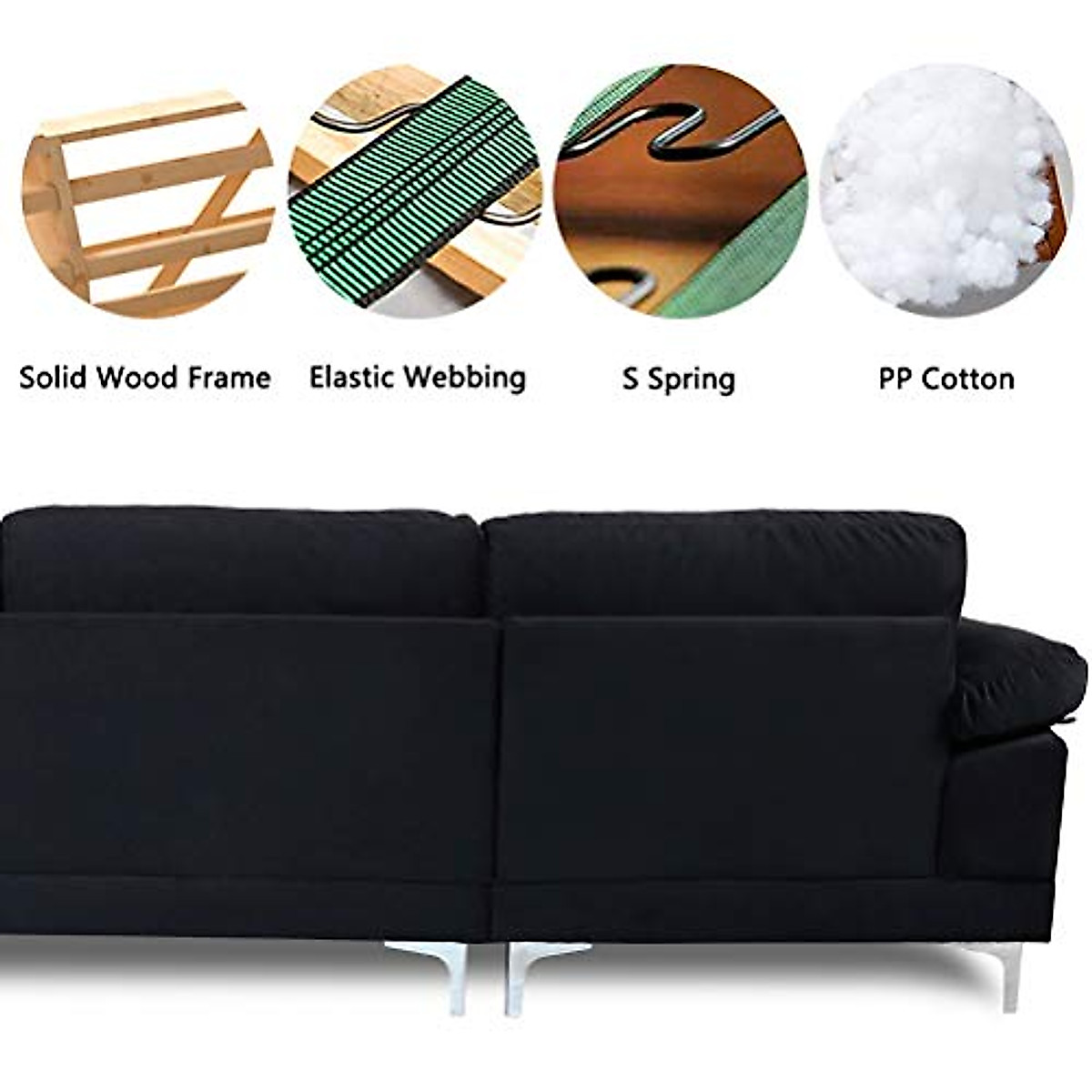 ZoooaH Sofas for Living Room Black Couch Sectional Sofa Left Hand Facing Chaise