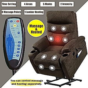 THIHOME Electric Power Lift Recliner Chair Sofa with Massage and Heat for Elderly, 3 Positions, 2 Side Pockets and Cup Holders, USB Ports, High-end Quality Fabric for Home Living Room Bedroom, Brown