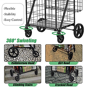 Jumbo Shopping Cart for Groceries, 30.7 Gallons Folding Grocery Cart with Waterproof Bag, 360° Swivel Wheels & Double Basket, Portable Heavy Duty Utility Cart for Shopping/Laundry-Hold Up to 440 LBS