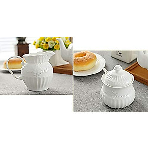 FUYU Relief White Ceramic Creamer and Sugar Bowl Set Coffee Serving Set Cream Pitcher