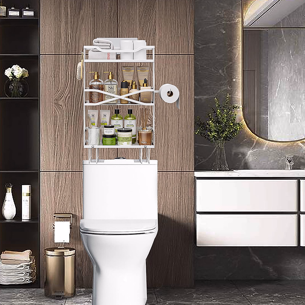 Ronanemon Over The Toilet Storage,Bathroom Organizer, Toilet Shelf with Toilet Paper Holder,Bathroom Shelf Over Toilet,3 Tier Toilet Storage Rack(White)