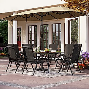 PHI VILLA 7 Pcs Patio Dining Set and 13ft Large Rectangle Patio Umbrella, 6 Outdoor Reclining Folding Sling Chair with Armrest & 1 Rectangle Metal Outdoor Dining Table for Lawn Garden (Beige)