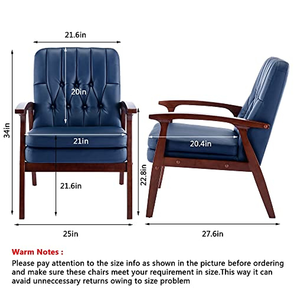 Setawix PU Leather Accent Arm Chairs Set of 2, Solid Wood Mid Century Living Room Chair with Arms,Faux Leather Upholstered Single Sofa Chair,Farmhouse Channel Tufted Reading Bedroom Chair (Navy, 2PC)
