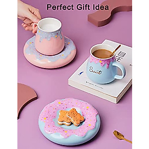 SISETOP Novelty Espresso Cups and Saucers, Ceramic Donut Mug, 9.5oz Creative Cute Cups, Unique Coffee Mug with Spoon for Gift, Kids, Adults, Birthday
