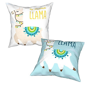 Cartoon Alpaca Throw Pillow Covers Set of 2 Cute Llama Pillow Covers Soft Pillowcase Home Decor Blue and Beige Pillow Covers Sofa Cushion Cover for Living Room Bedroom Garden 18x18 Inch