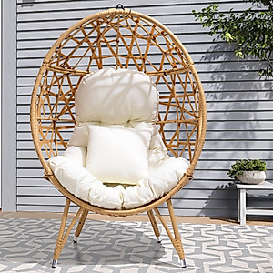 Crestlive Products Patio Wicker Egg Chair with Cushion and Pillow, Oversized Rattan Hanging Basket Lounge Chair with Legs, Teardrop Cuddle for Indoor Outdoor Bedroom Garden Deck Balcony (Beige)
