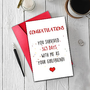 TQDaiker 1 Year Anniversary Card for Boyfriend, 1st Anniversary Card from Girlfriend, First Anniversary Card (You Survived 365 Days with Me)