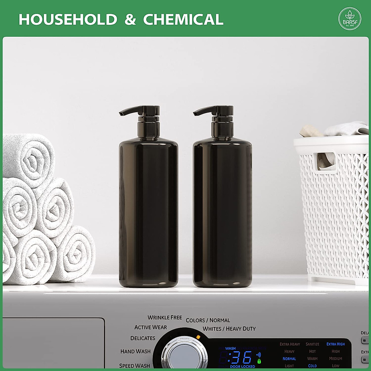 Bar5F Empty Shampoo Bottle with Pump, Black, 33.8 Ounce (1 Liter), Pack of 2