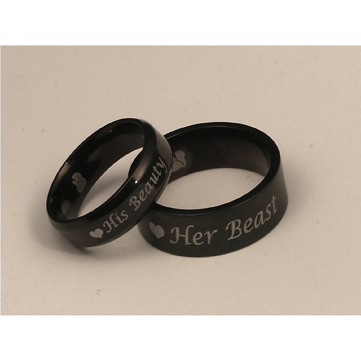 His Beauty Love Heart Women's Black Stainless Steel Engagement Wedding Bands Promise Ring Anniversary (Her Size 5)