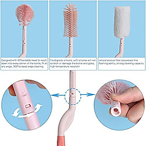 Baby Bottle Brush and Drying Rack, VOOWO Rotating Silicone Bottle Brush with Long Handle, Bottle Drying Rack with Bottle Cleaner Brush & Nipple & Straw Cleaner (Pink Rotating Brush & Drying Rack)