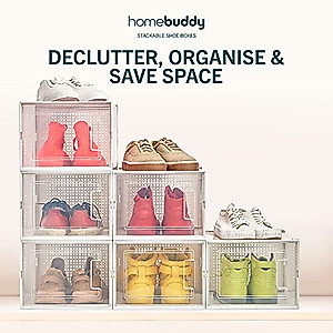 HomeBuddy Shoe Organizer for Closet - 6 Pack XL Shoe Storage Boxes Clear Plastic Stackable Bin, Boots, Sneaker Storage, Clear Shoe Boxes with Lids, Zapateras Organizer for Shoes, Closet Shoe Organizer