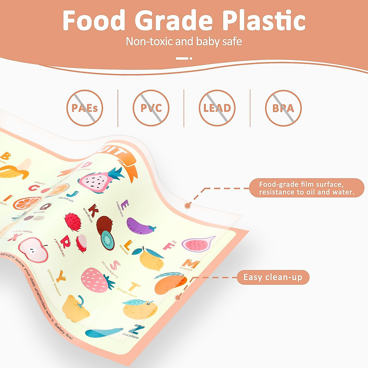 60 Pack Disposable Placemats for Baby & Toddle, 12" x 18" Restaurant Table Mats, Sticky Kids Placemat for Picnic Table, Party, Travel, Fruit Alphabet Theme