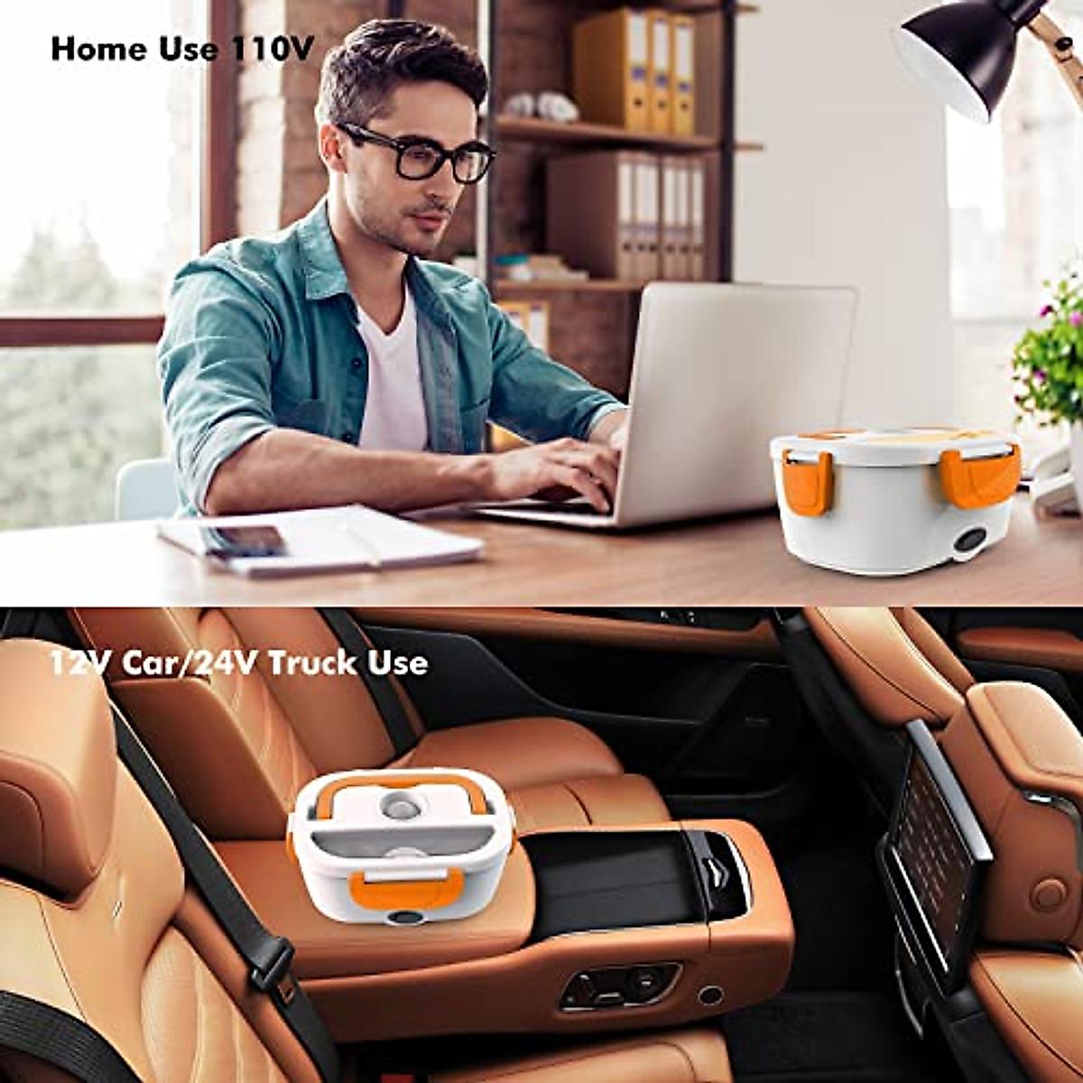 COCOBELA Electric Lunch Box Food Heater, Portable Food Warmer for Car Truck Home Work Adults Food Heating, Leak Proof, 1.5L Removable 304 Stainless Steel Container, 110V/12V/24V