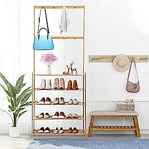 Gdrasuya10 Entryway Coat Rack Shoe Storage Shelf, 5-Tier Freestanding Hall Tree Shoe Rack with 10 Hooks for Entrance Foyer Mudroom Holds 15 Pairs of Shoes