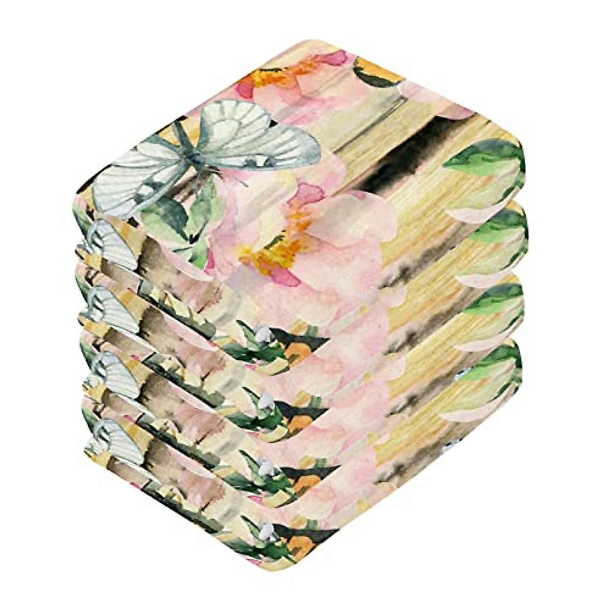 Butterfly Beige Washcloth 12x12in Set, 6 Pack Absorbent Cotton Towel Square Kitchen Dishes Towels, Soft Cleaning Face Hand Towel Fast Drying