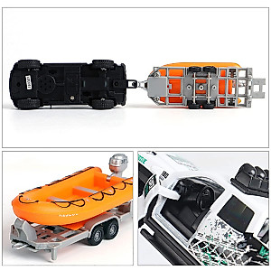 Pickup Truck Trailer Towing Speed Boat 2 in 1 Playset Diecast Model Car Metal Pull Back Toy Cars 1/36 SUV Vehicle Outdoor Sandbox Adventure Play Set Doors Open Light Sound Boys Toys Kids Gifts