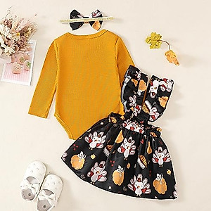 Kucnuzki 1 Year Old Girl Clothes Baby Girl First Thanksgiving Outfit Ruffled Infant Long Sleeve Romper Orange Suspender Dress Skirt Set Baby Clothes Girl 12-18 Months