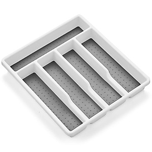 E-far Silverware Tray for Drawer, Small Plastic Utensil Tray Drawer Organizer, 5 Compartment Flatware Cutlery Holder/Divider, White with Gray Non-slip Rubber Grips, 12.6 x 11.4-Inch