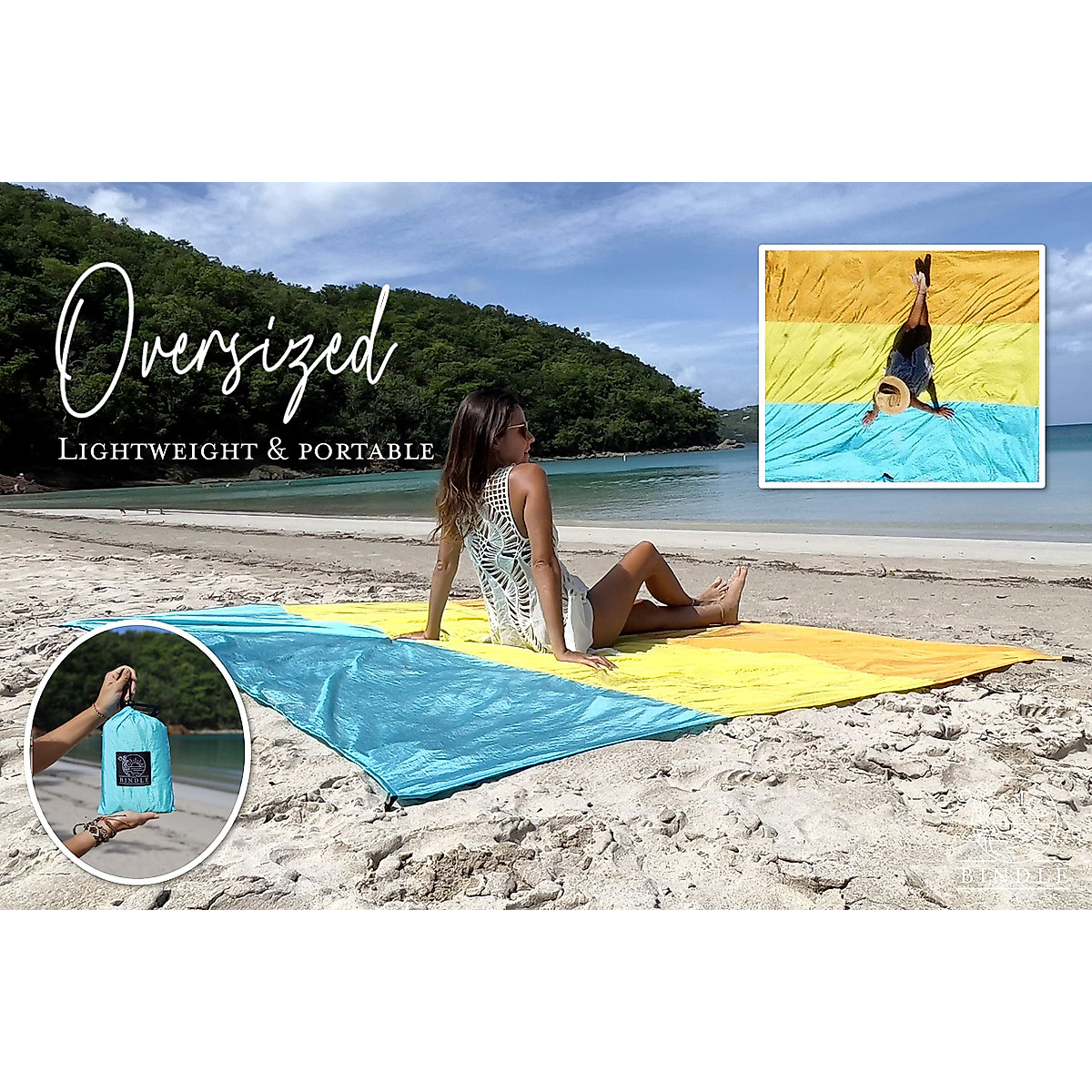 BINDLE Eco-Beach Blanket 84"x80" Large, Recycled Lightweight Material, Sand Free Water Resistant Sandproof, Oversized Portable Picnic Mat for Outdoors Camping Travel, Beach Vibes
