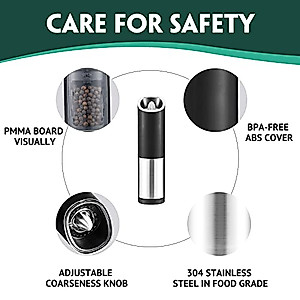 Automatic Salt and Pepper Grinder Set - Kitexpert Gravity Electric Salt and Pepper Mill Battery Operated - One Handed Operation with Light - Up to 5 Adjustable Grinding Levels