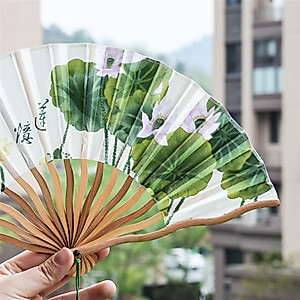 Small Summer Folding Fan, Women's Dance Fan, Lotus Pattern Silk Hand-Held Fan with Bamboo Ribs, Clothing Accessories (Color : Green, Size : 7.1")