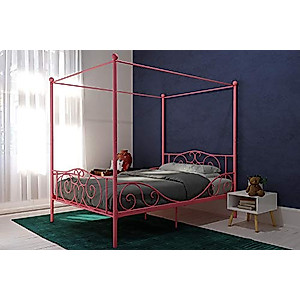 DHP Metal Canopy Kids Platform Bed with Four Poster Design, Scrollwork Headboard and Footboard, Underbed Storage Space, No Box Sring Needed, Full, Pink