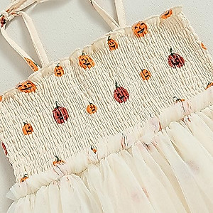 Toddler Baby Girl Halloween Outfit Cotton Linen Sleeveless Pumpkin Print Smocked Strap Tulle Tutu A-line Dress (3-4T,Beige)