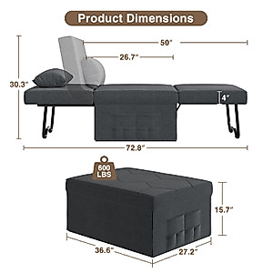 4 in 1 Sleeper Chair, Convertible Sleeper Sofa with Hide a Bed Chair, Sleeper Chairs for Adults, Ottoman Bed Sleeper with Adjustable Backrest for Living Room Apartment Office, Dark Grey