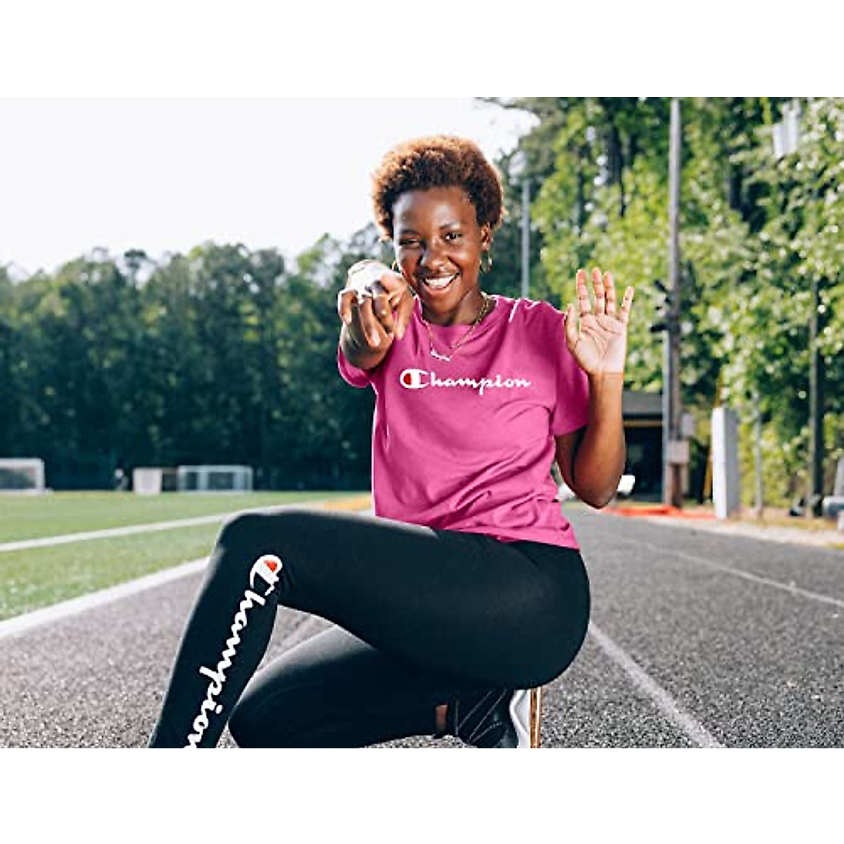 Champion, Authentic 7/8s, Moisture Wicking, Leggings for Women, 25", Black Script, Small