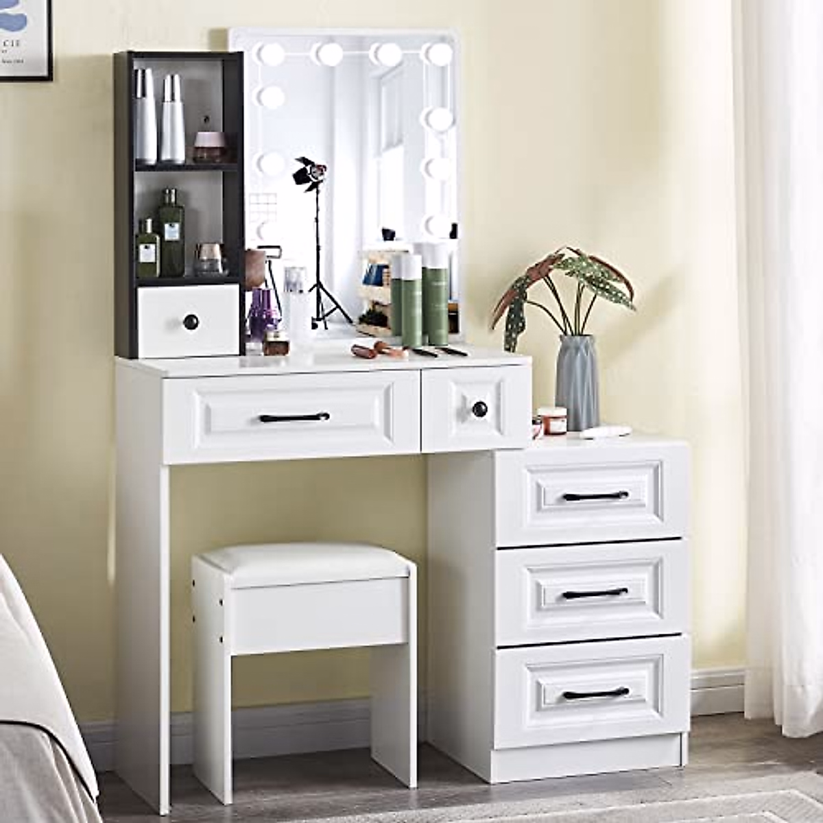 JBLCC Makeup Vanity with Lights Mirror, Makeup Table Set Vanity Mirror with Lights, Vanity Desk with Storage Shelves, Drawers, Modern Vanity Table for Bedroom (42550USB)