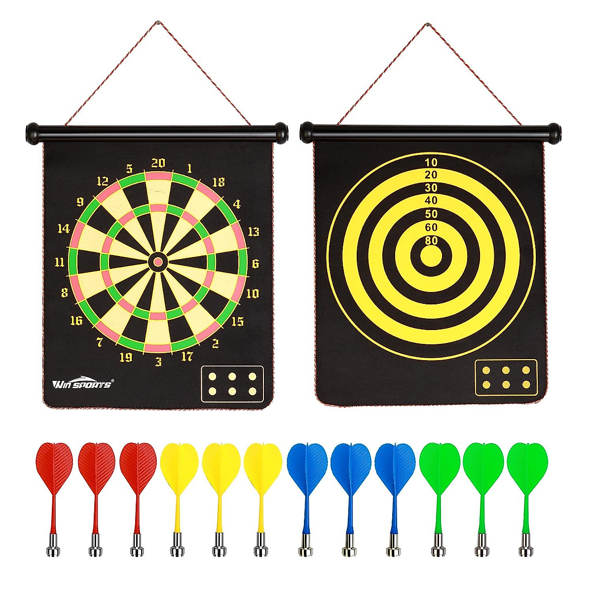 WIn SPORTS Magnetic Dart Board Kids Game,Two Sided Roll Up Dartboard,Indoor Outdoor Game,15 Inch Kids Darts Board,Includes 12 Magnetic Safe Darts,Easily Hangs Anywhere