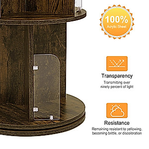 VECELO 4 Tier Revolving Bookshelf Tower, 360° Display Floor Standing Storage Rack with Acrylic Visible Window Partition for Bedroom, Living Room Home and Office, Brown