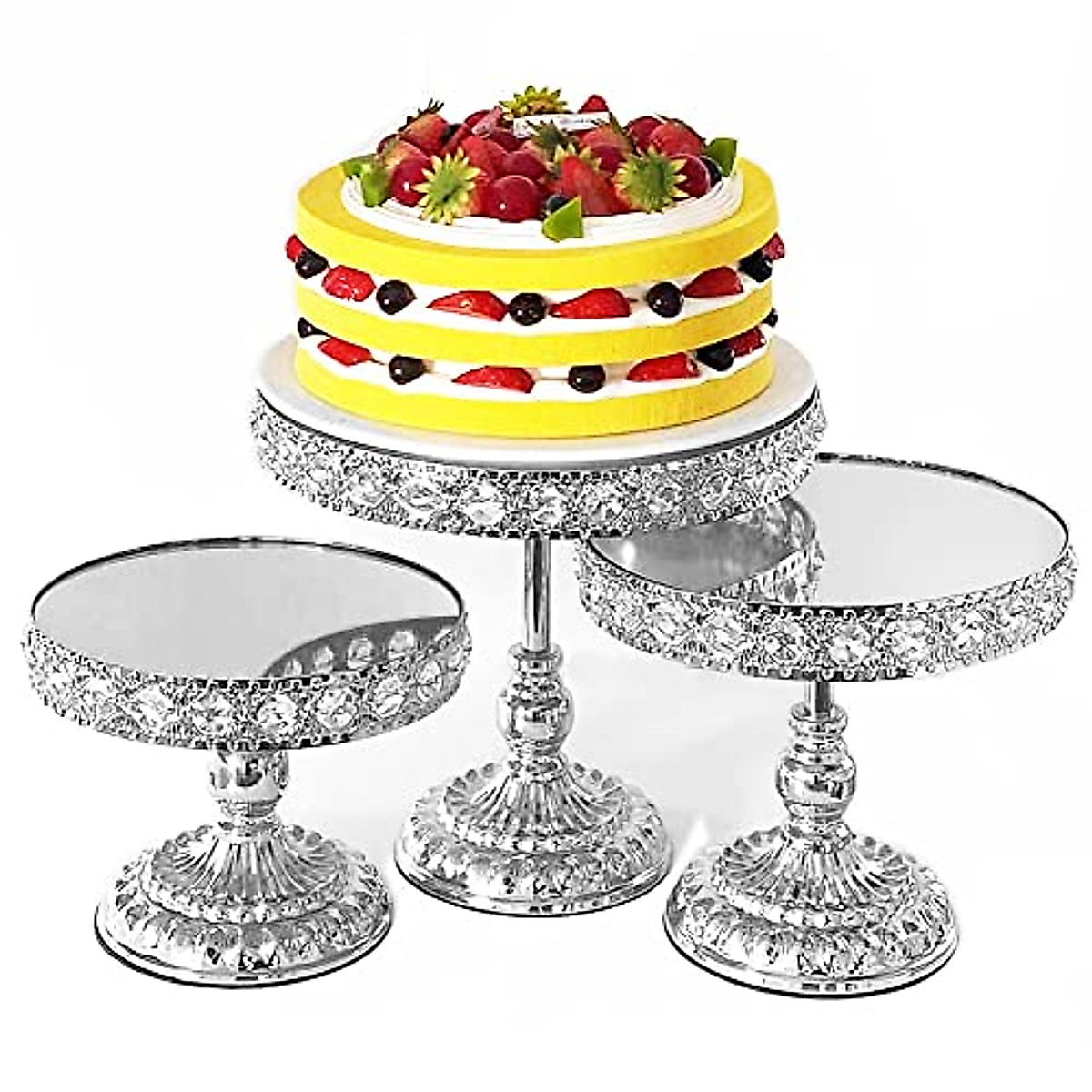FEICTPOX Cake Stand Set for Dessert Table Metal Cake Stands with Crystal Cupcake Display Stand,Silver
